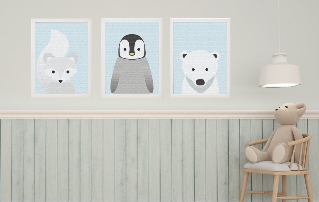 Set of 3 Framed Nursery Art Prints Arctic Fox, Penguin & Polar Bear ...