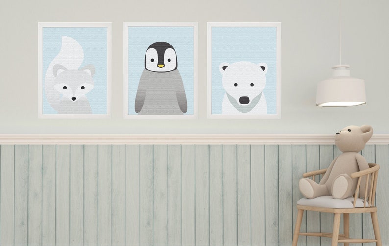 Set of 3 Framed Nursery Art Prints Arctic Fox, Penguin & Polar Bear ...