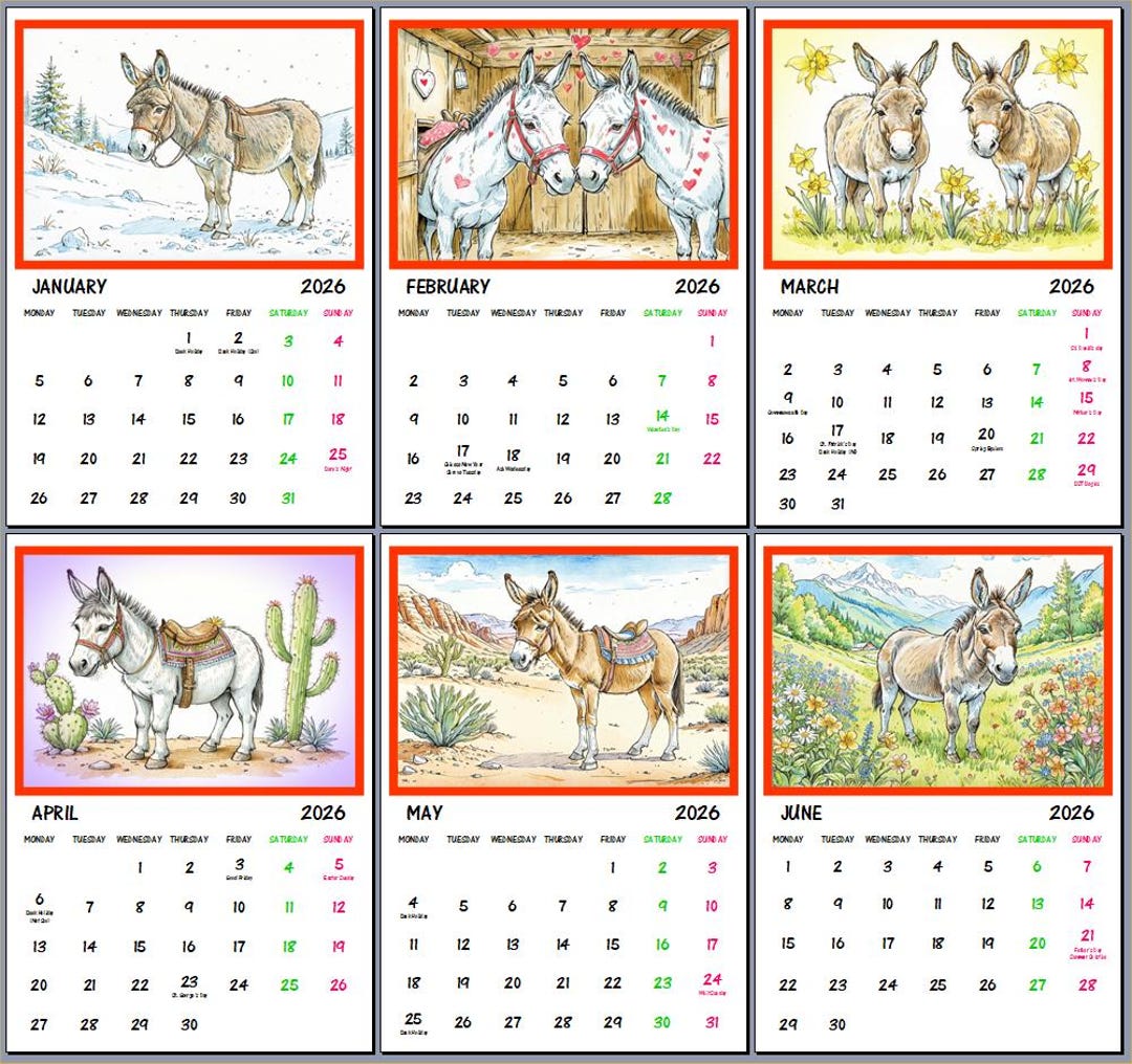 Cute Donkey 2026 Wall Calendar A4 Size Each Page Great Gift Idea - Etsy