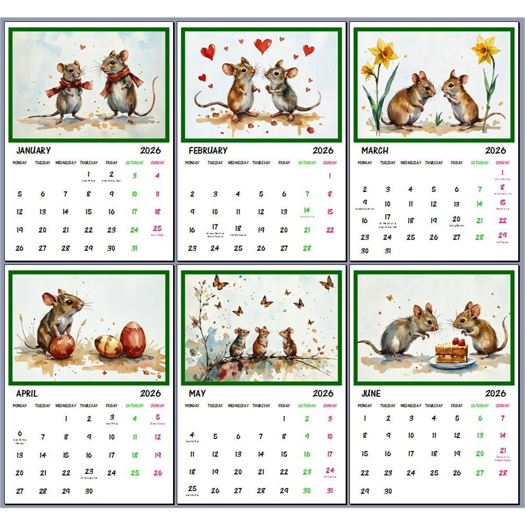 Mice Themed 2026 Calendar A4 Size Each Page Wall Hanging - Etsy UK