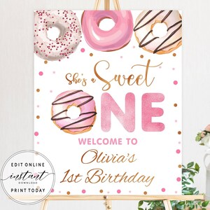Donut Birthday Welcome Poster, Sign Pink Donut, Sweet ONE Printable ...