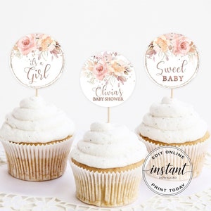 Printable Cupcake Toppers Cake Decor Pink Floral Rose - Etsy
