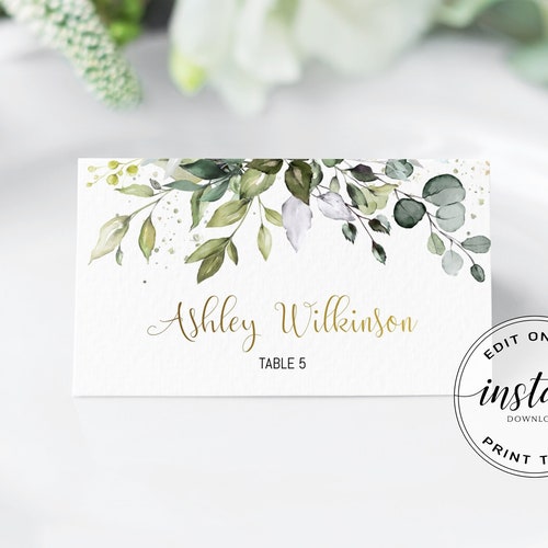 Greenery Place Card Template Editable Wedding Place Card - Etsy