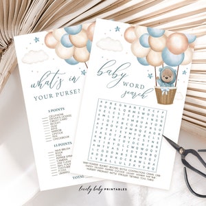 Printable Baby Shower Games Bundle Teddy Bear, Hot Air Balloon, Blue ...