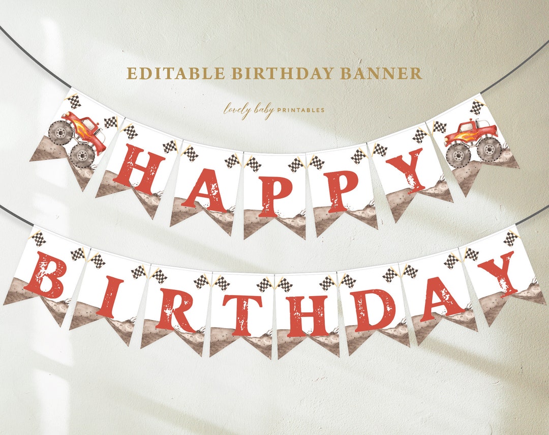 Happy Birthday Banner | Monster Truck, Start Your Engine | Printable ...