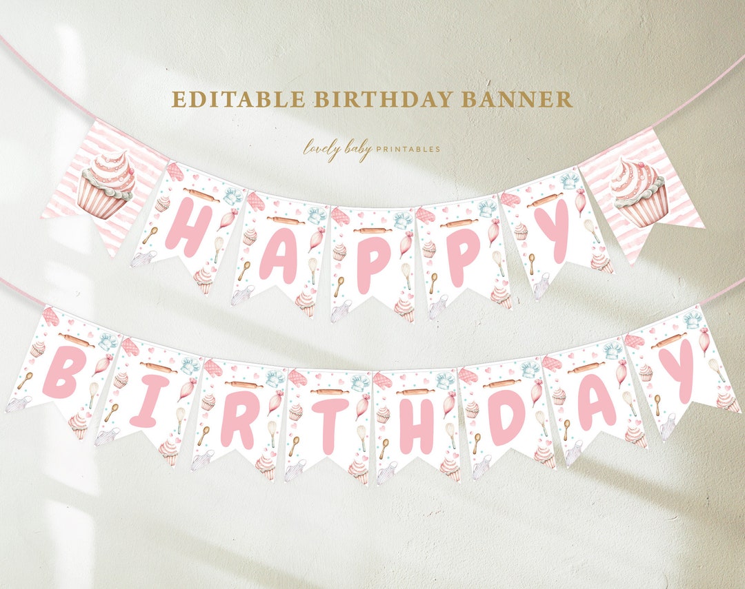 Editable Cupcake Birthday Banner | Printable Baking Party Garland ...