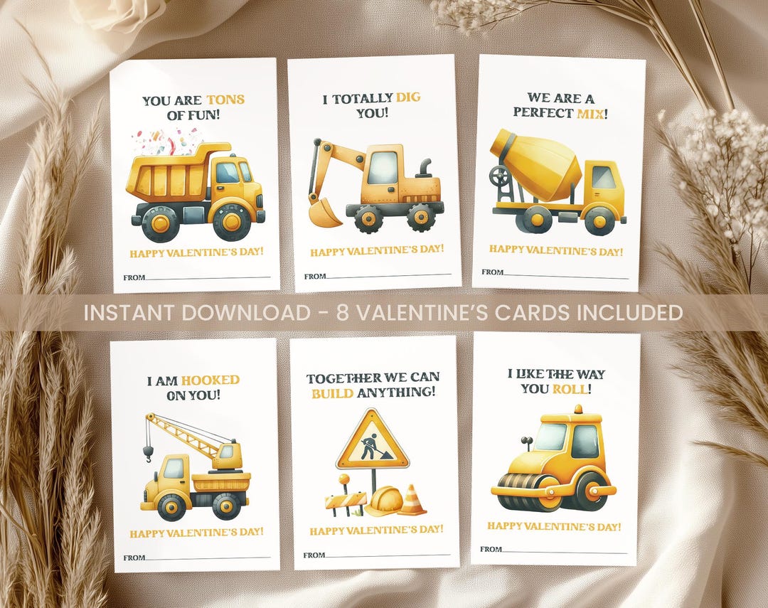 Printable Construction Valentines Cards, Kids Valentine Day Gift Tags ...