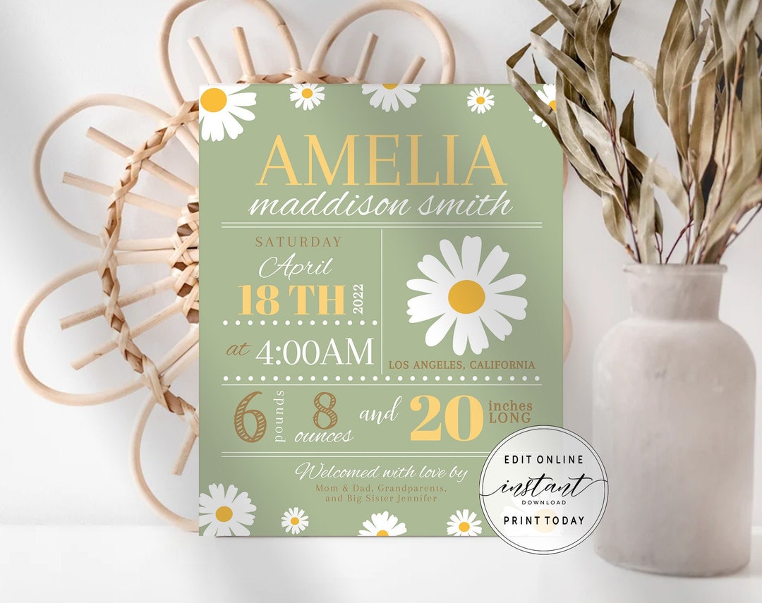Daisy Birth Stats Sign Printable Boho Birth Stats Poster Retro Newborn ...