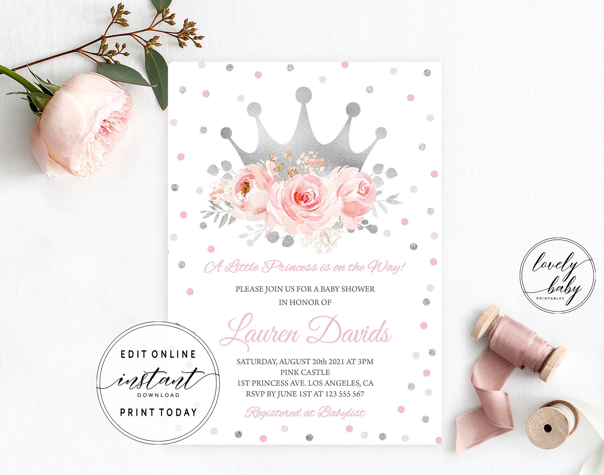 Editable Princess Baby Shower Invitation Blush Pink Silver - Etsy