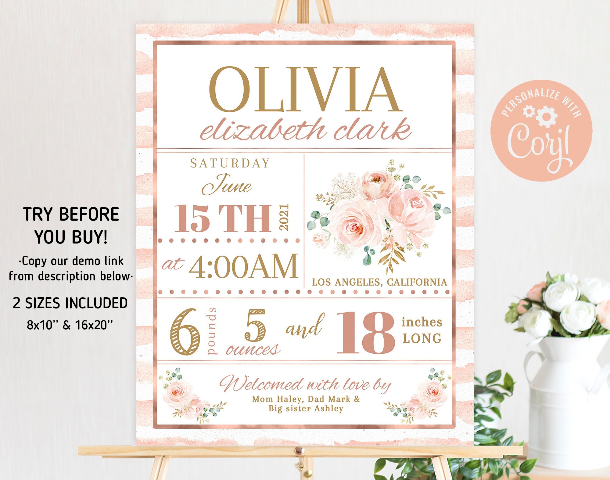 Floral Birth Stats Poster Printable Birth Announcement Sign | Etsy