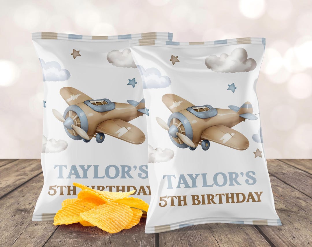 Airplane Chips Bag Template, Boys Birthday Favors | Retro Fighter Plane ...