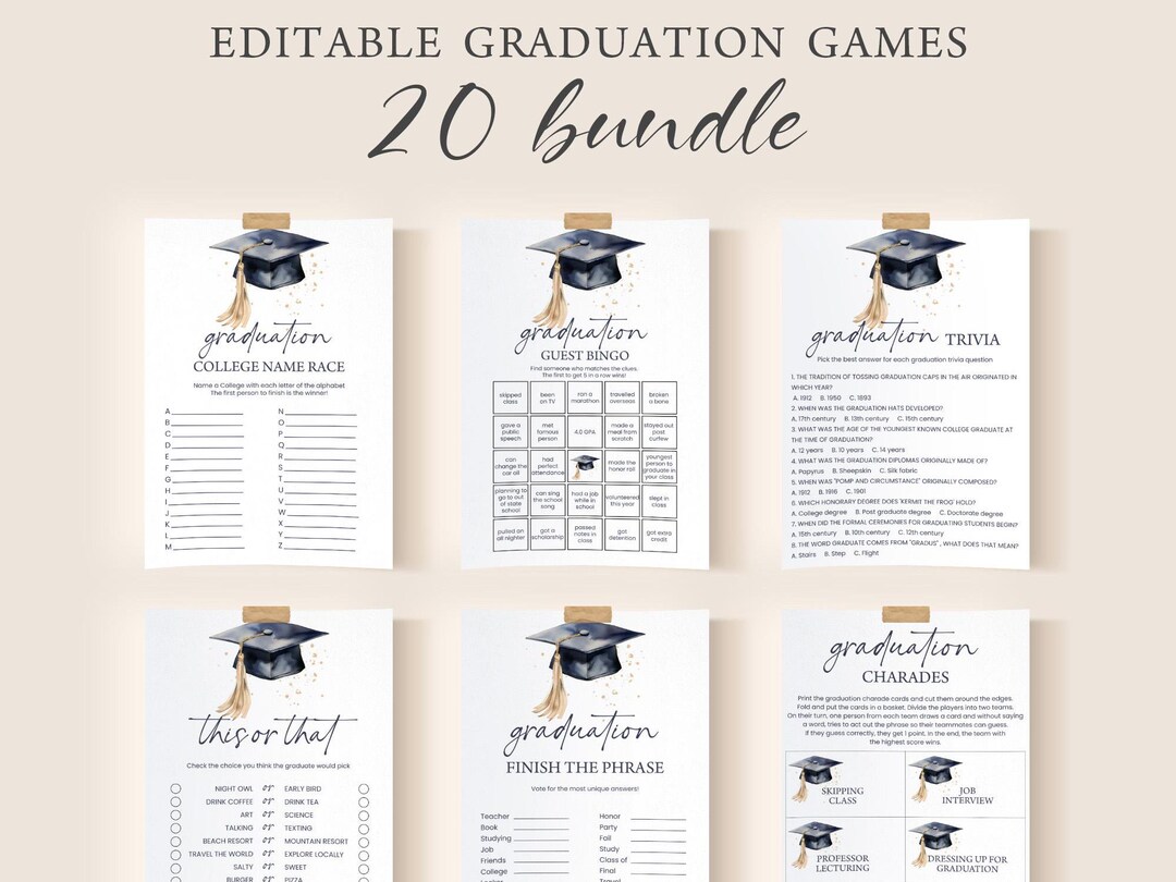 Editable Graduation Party Games Bundle, Set | Cap & Tassel, Navy Blue ...