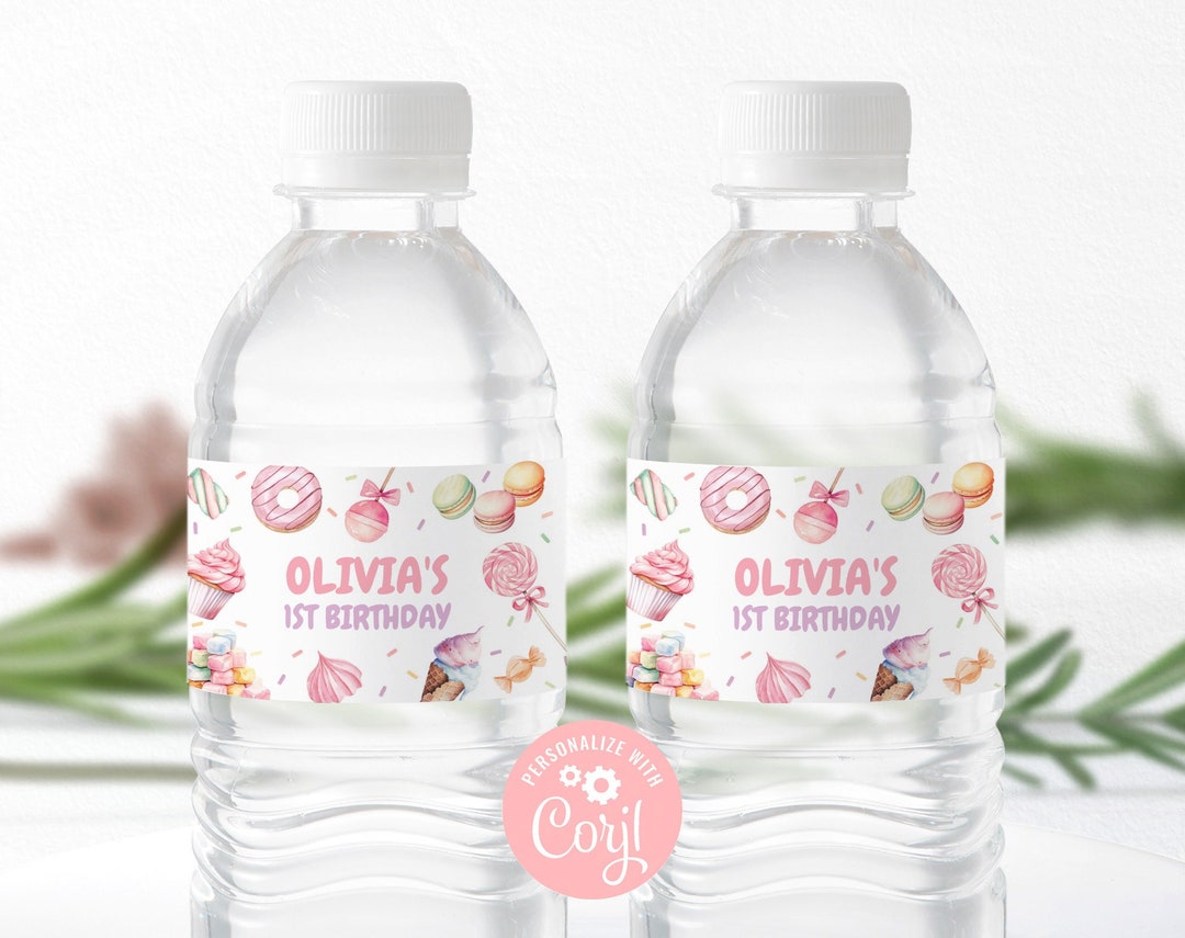 Editable Water Bottle Labels | Sweet ONE, Donut, Candy, Ice Cream ...