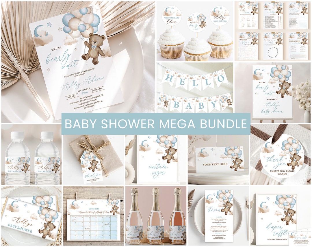 Teddy Bear Baby Shower Bundle, Invite | Blue Balloons, We Can Bearly ...