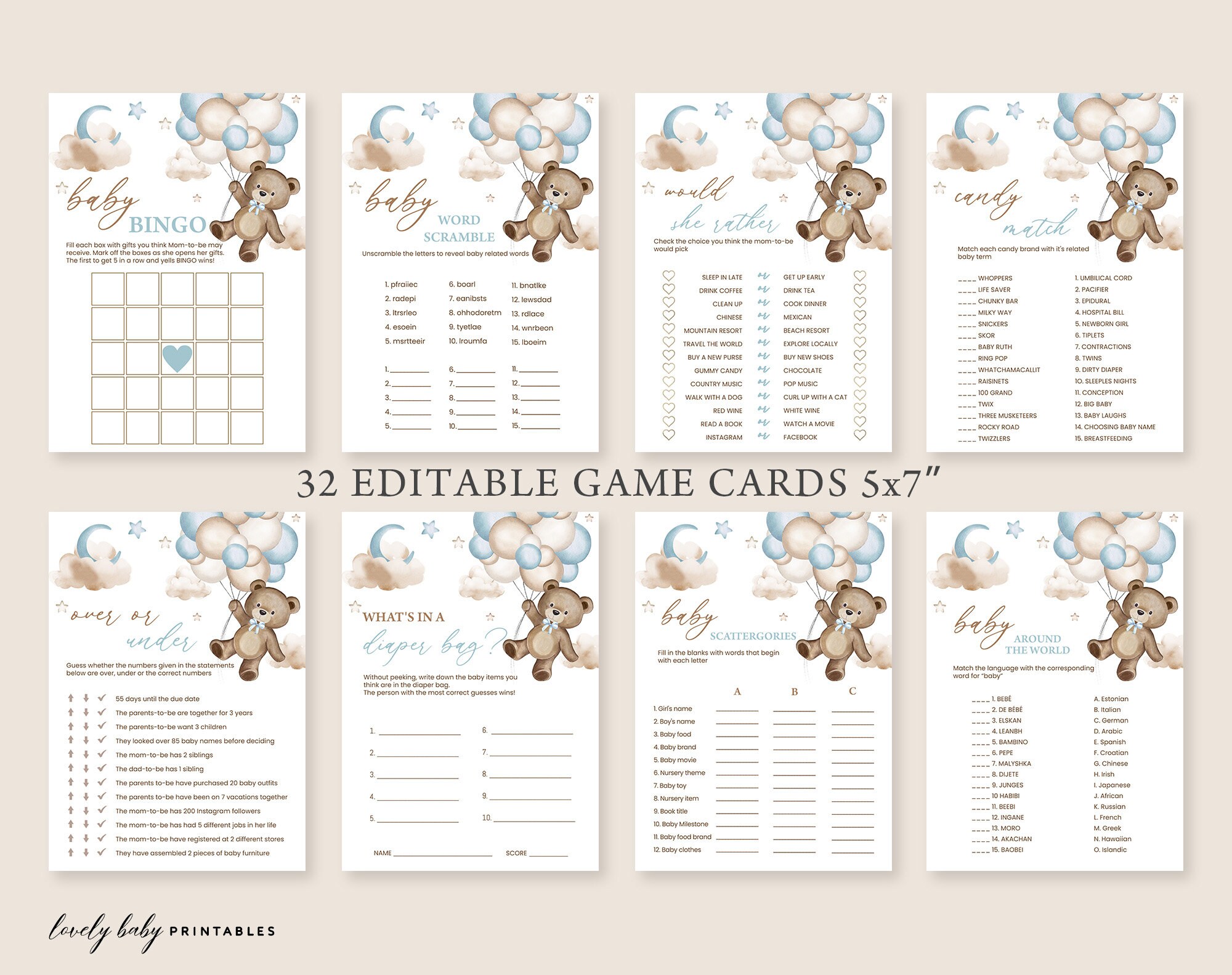 Editable Baby Shower Games Bundle, Set | Teddy Bear Balloons, We Can ...