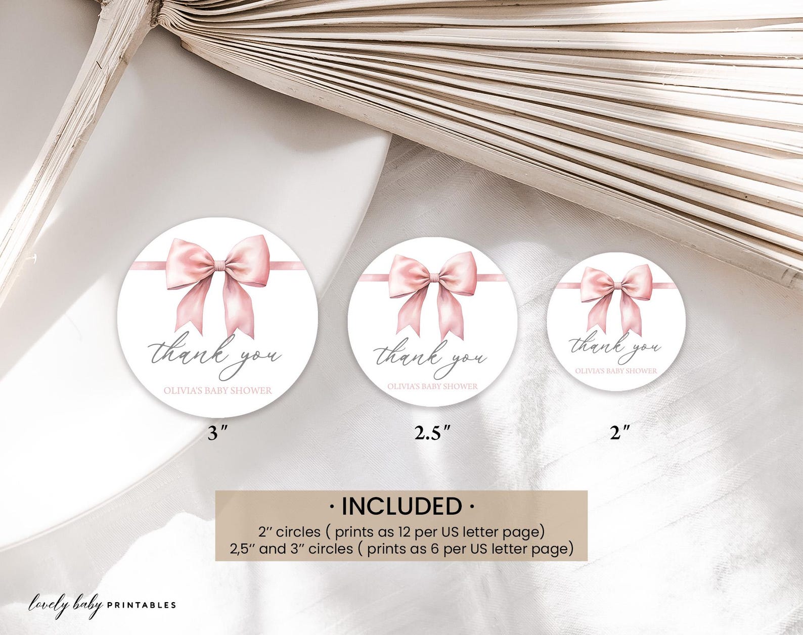Baby Shower Favor Tags, Round Gift Tags, Stickers | Pink Coquette Bow ...