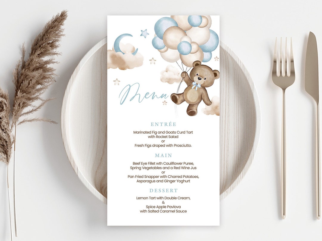 Baby Shower Menu Card Template | Teddy Bear, Blue Balloons, We Can ...