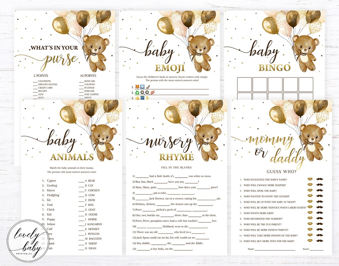 Printable Teddy Bear Baby Shower Games Bundle Gold Baby Shower Games ...