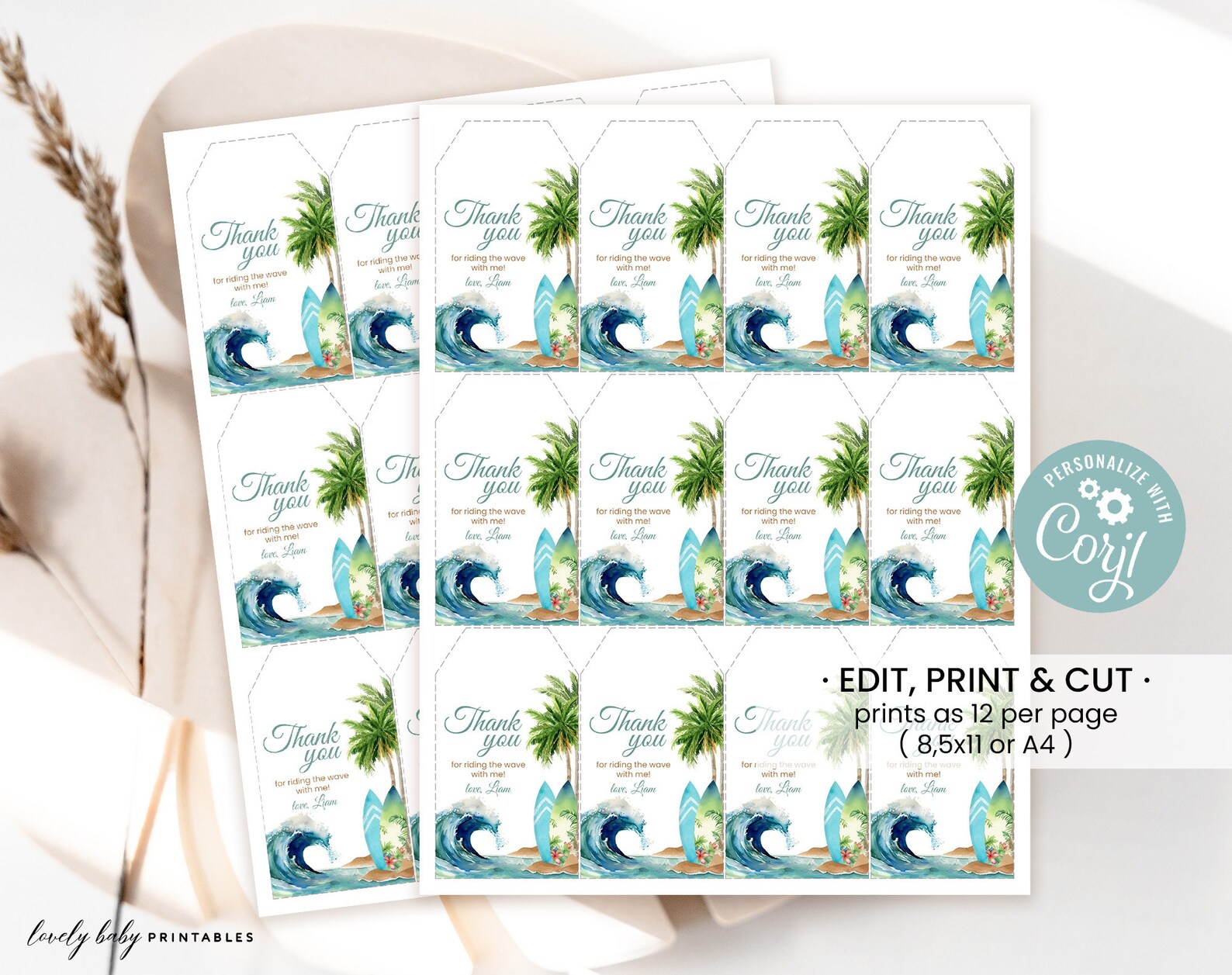 Printable Birthday Favor Tags, Editable Gift Tags | the Big ONE, Surf ...