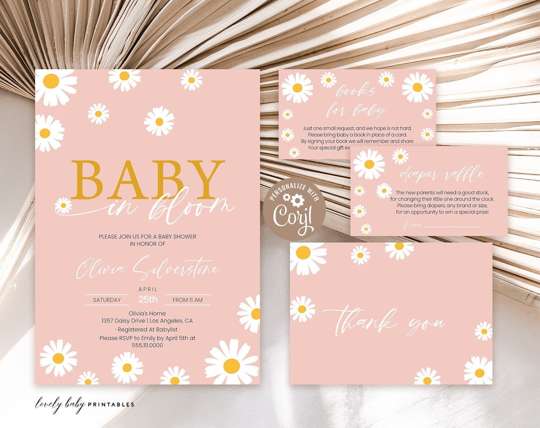 Daisy Baby Shower Invitation Set, Suite Baby in Bloom, Boho Floral ...