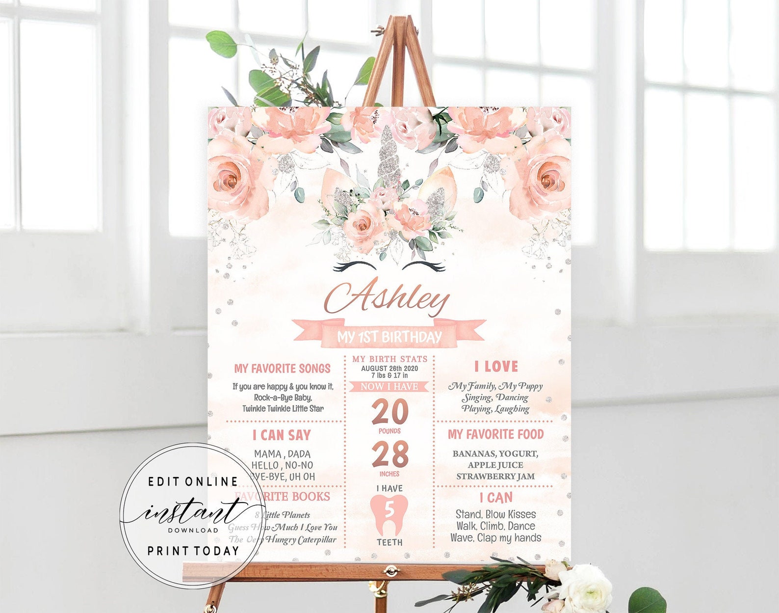 Editable Milestone Board Template Baby Girl Birthday Milestone | Etsy