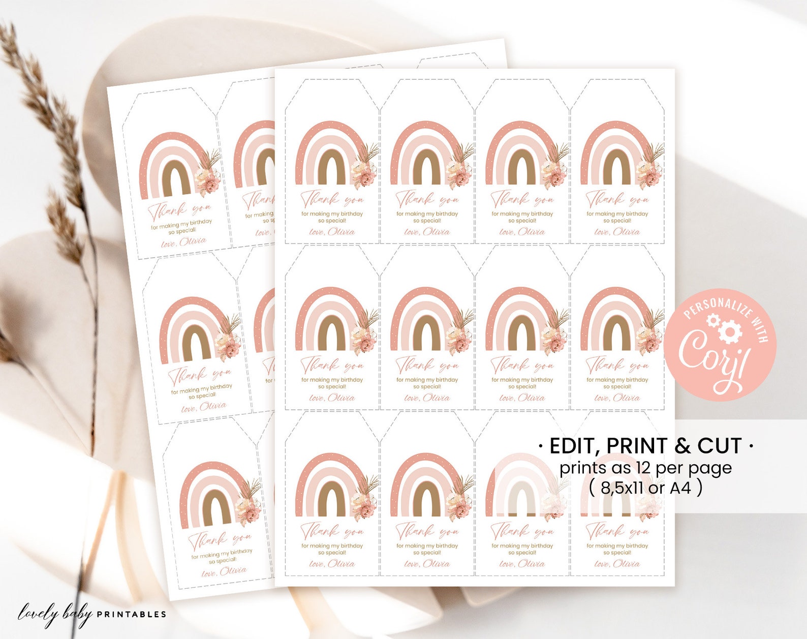 Printable Rainbow Birthday Favors, Editable Gift Tags Modern, Boho ...