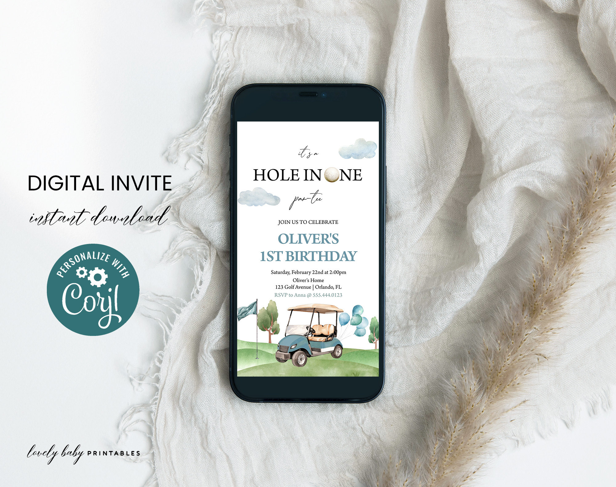Boys Birthday Invitation, First Birthday Evite | Hole in One, Golf Cart ...