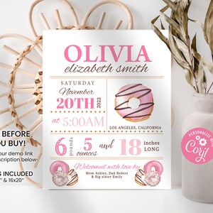 Editable Birth Stats Sign, Baby Girl Birth Announcement Poster Sweet ...