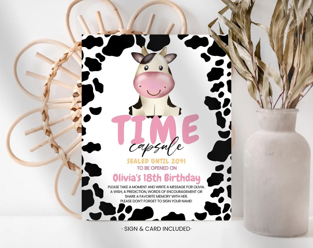 Birthday Time Capsule Sign, Card | Holy Cow I'm ONE, Cow Print ...