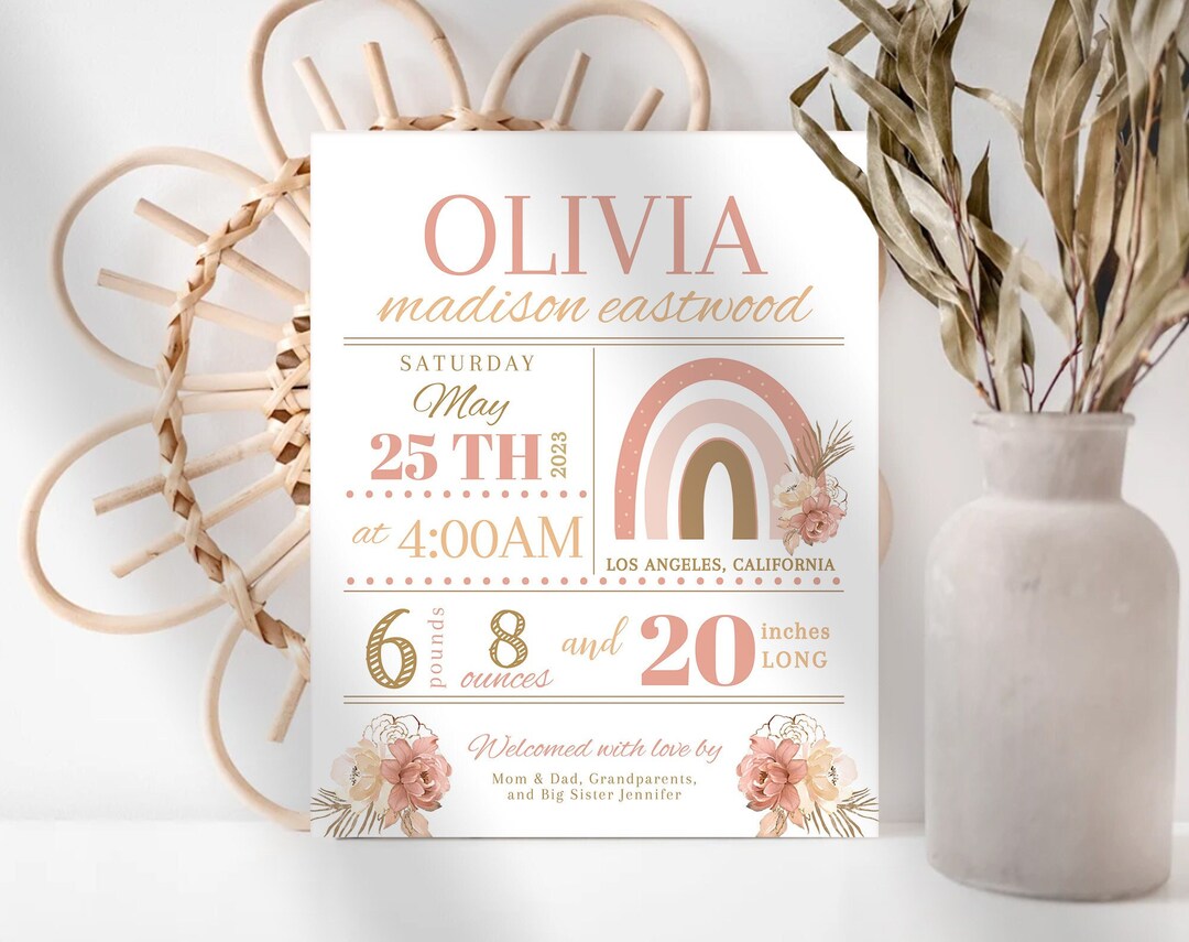 Editable Boho Rainbow Birth Stats Sign, Girl Birth Announcement Poster ...