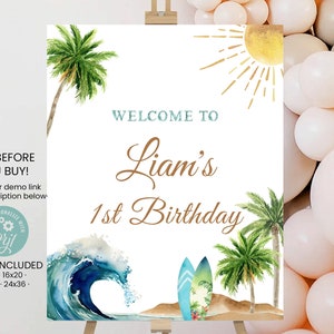 Birthday Welcome Sign, Poster | the Big ONE, Surf Wave, Beach ...
