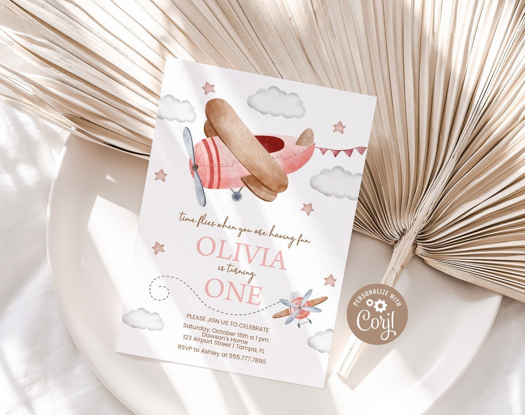 Airplane First Birthday Invitation Editable Baby Girl 1st Birthday ...