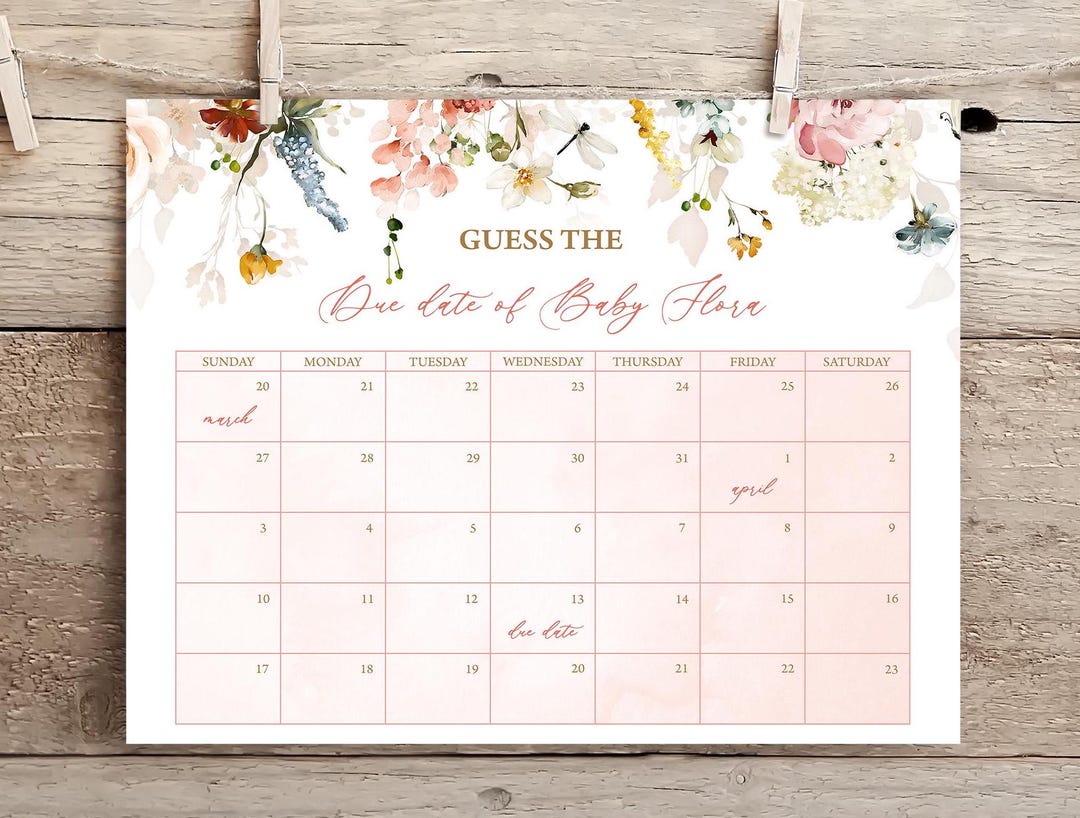 Wildflower Baby Shower Due Date Calendar, Baby in Bloom Floral Guess ...