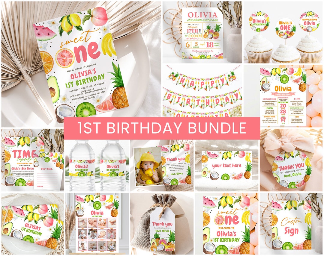 Tropical Birthday Bundle, Girls 1st Birthday Invite | Sweet ONE, Fruit ...