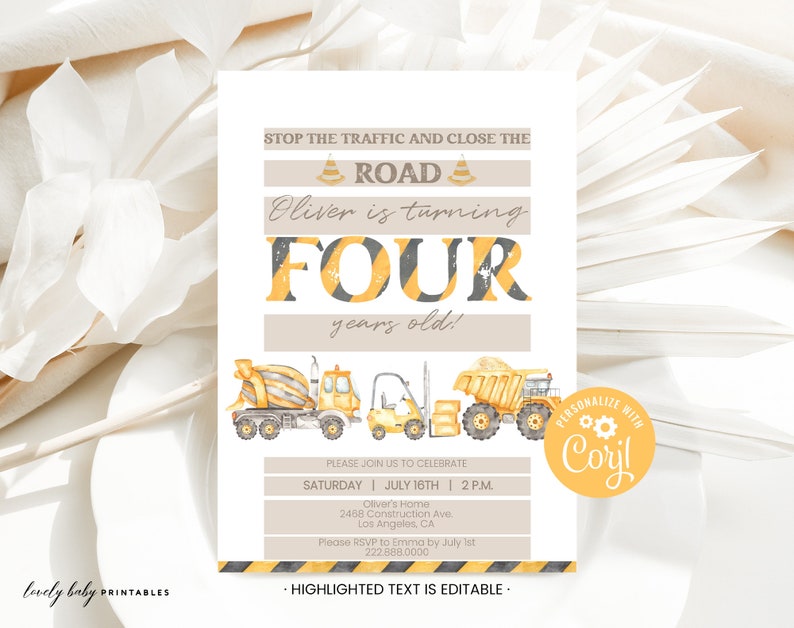 Boys 4th Birthday Invitation Template Construction Fourth Birthday ...