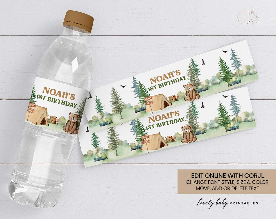 Editable Water Bottle Labels | One Happy Camper, Camping Tent, Woodland ...