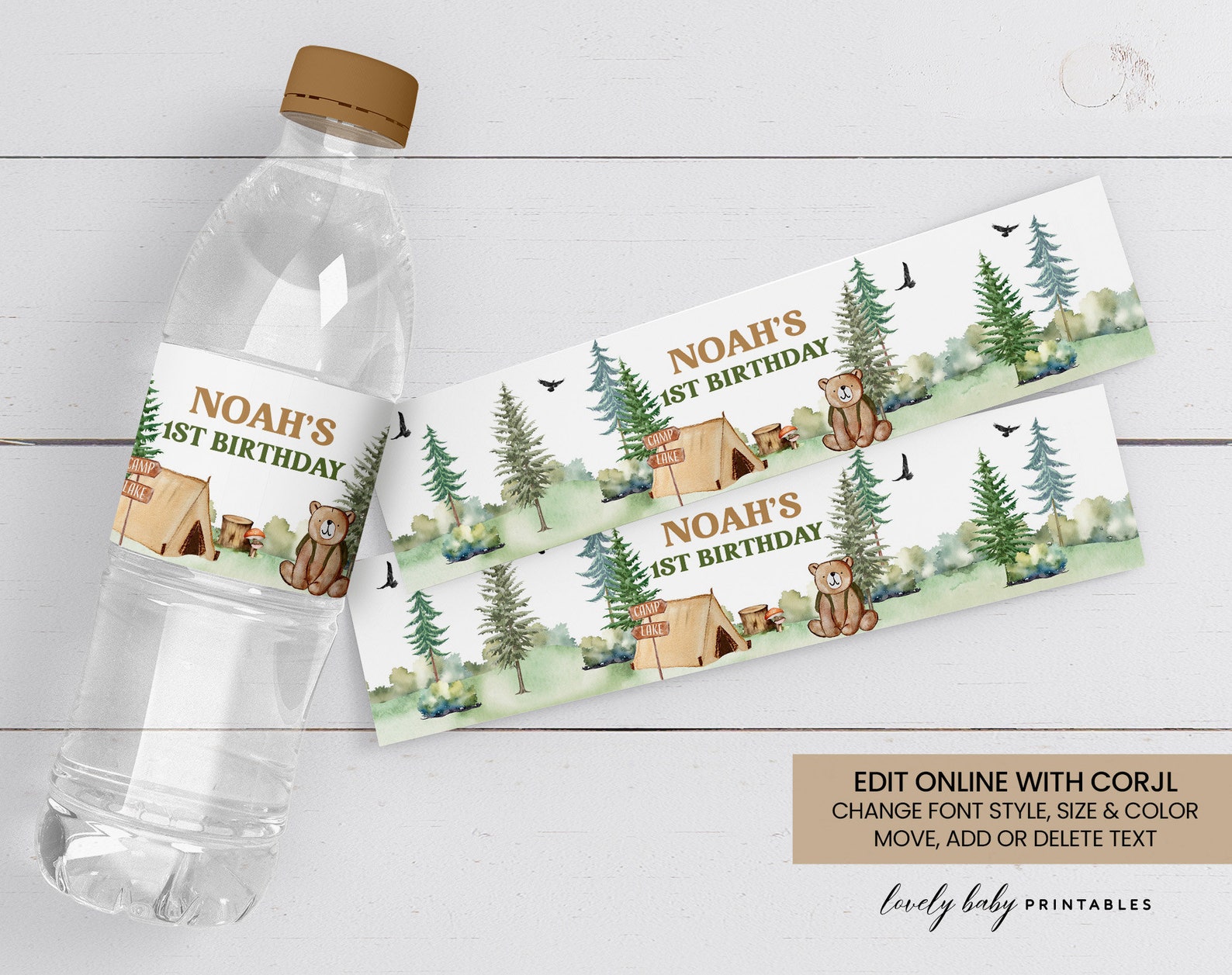 Editable Water Bottle Labels | One Happy Camper, Camping Tent, Woodland ...