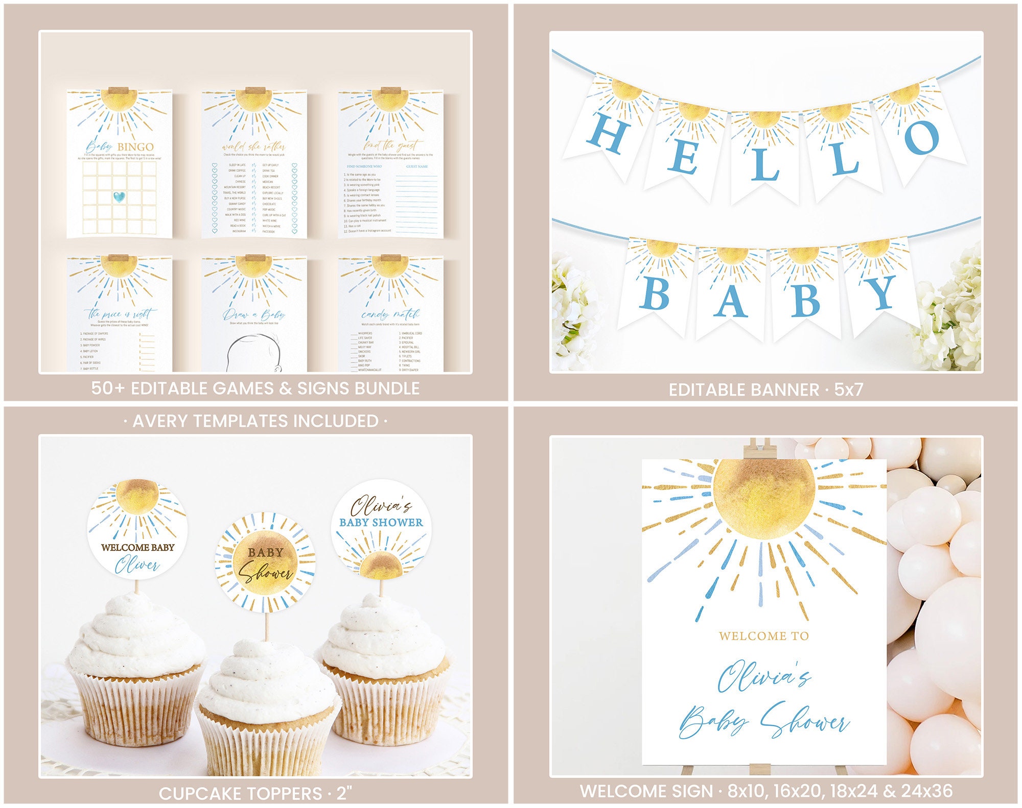 Editable Here Comes the Son Baby Shower Bundle Sunshine Sun - Etsy