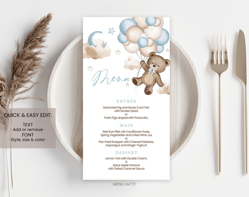 Teddy Bear Baby Shower Menu Template | Blue Balloons (printable ...