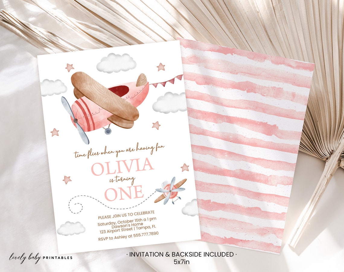 Airplane First Birthday Invitation Editable Baby Girl 1st - Etsy