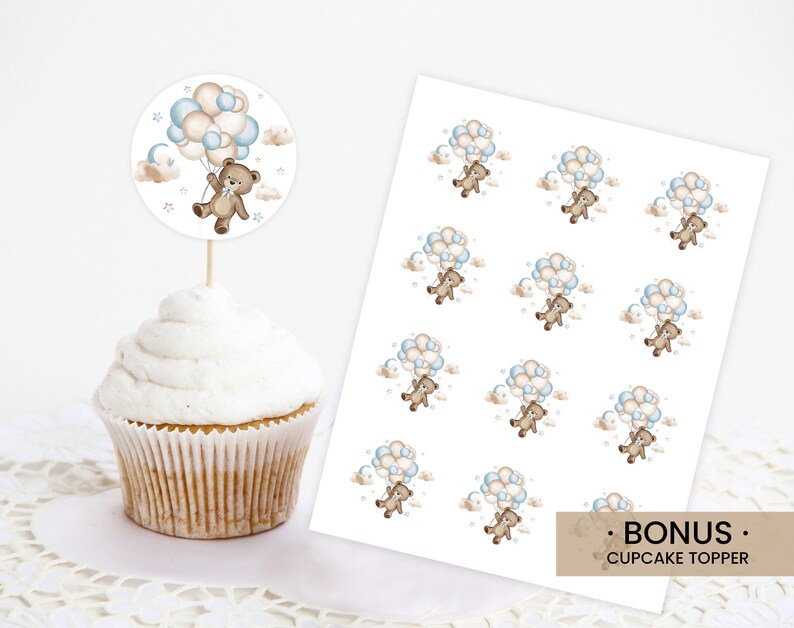 Printable Cupcake Toppers, Cake Decor | Teddy Bear, Blue Balloons, We ...