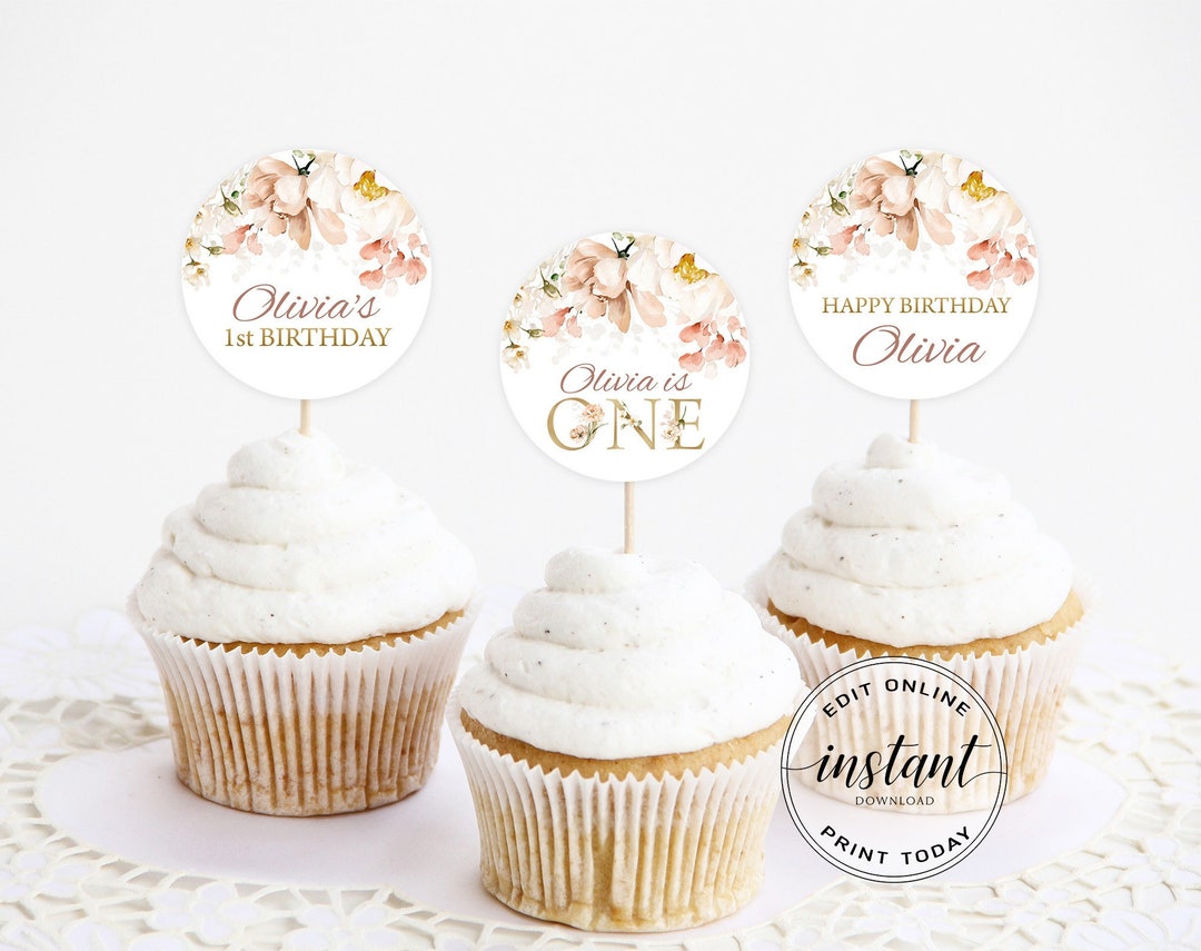 Blush Floral Cupcake Toppers Printable Birthday Cupcake Toppers ...