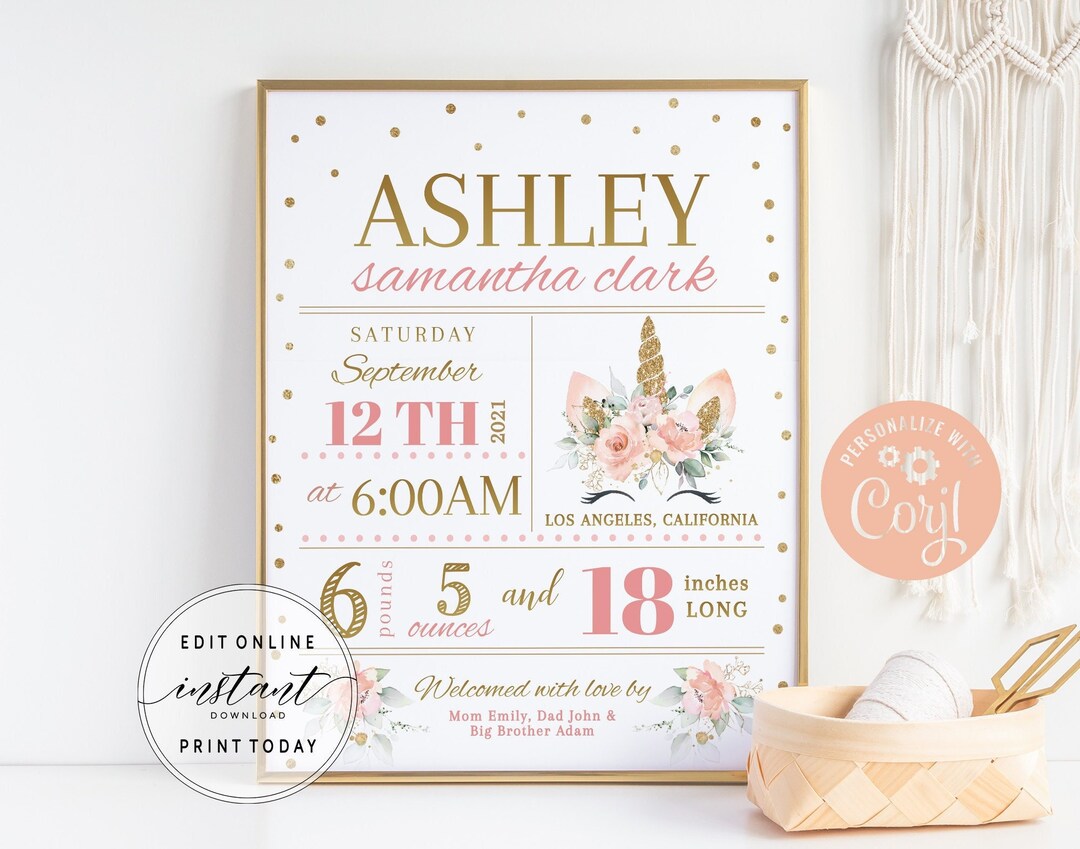 Printable Birth Stats Sign Editable Birth Announcement Sign Template ...