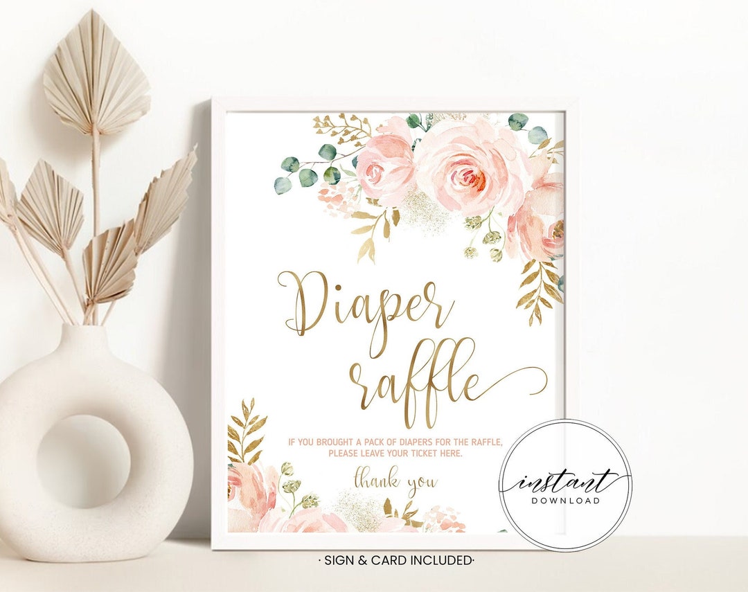 Diaper Raffle Sign, Card, Ticket | Blush Pink Floral, Gold, Spring ...