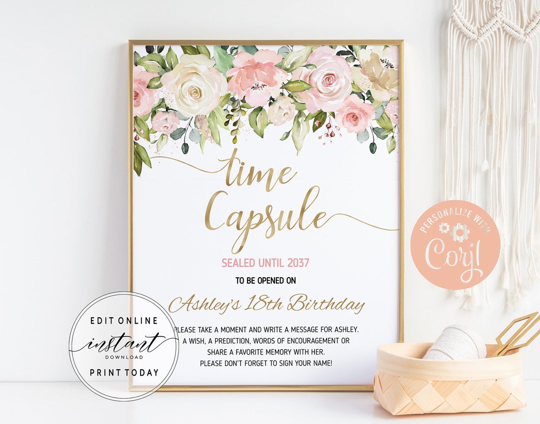 Blush Floral Time Capsule Sign and Card Greenery Gold 1st Birthday Sign ...