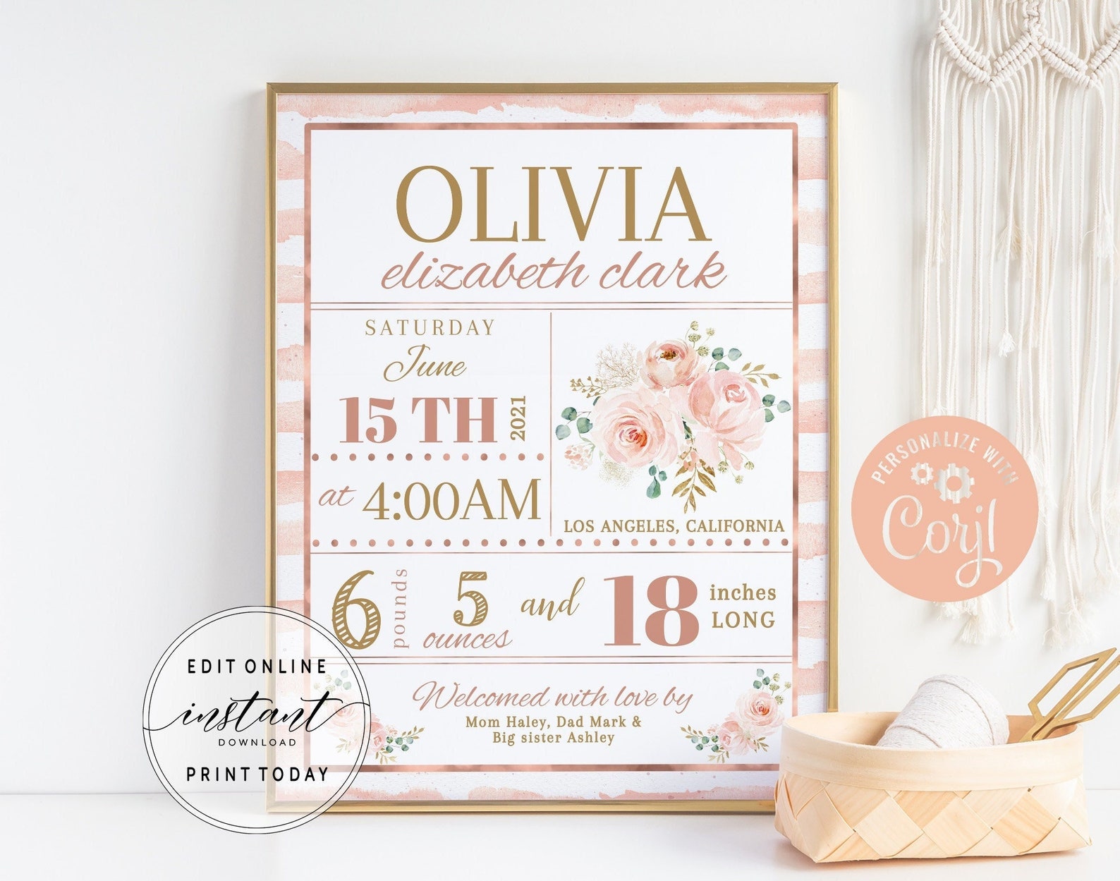 Floral Birth Stats Poster Printable Birth Announcement Sign Editable ...