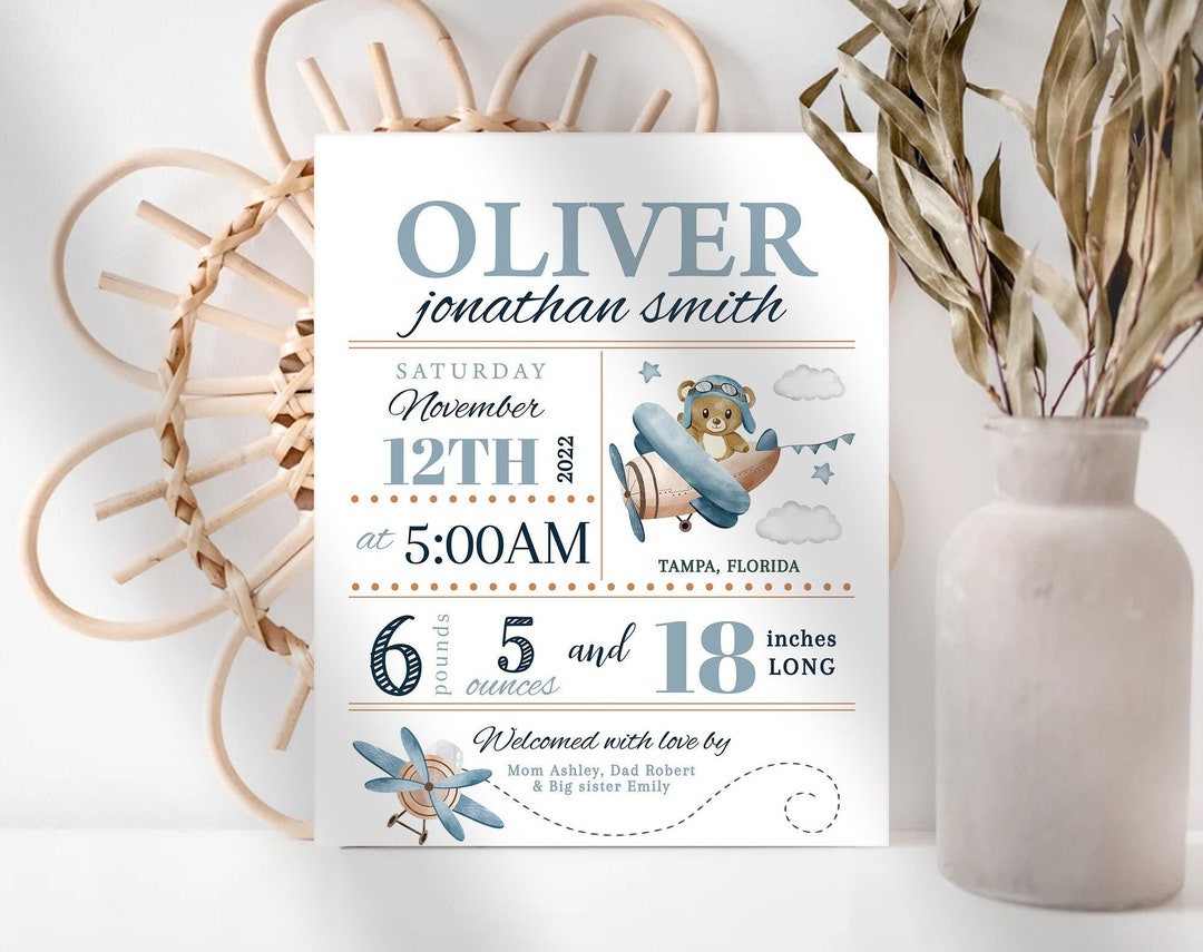 Baby Boy Birth Stats Sign Teddy Bear Birth Announcement Poster Airplane ...
