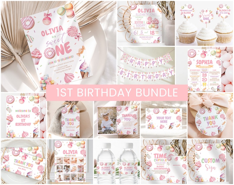 Sweet ONE Birthday Bundle, Girl 1st Birthday Invite | Donut, Candy, Ice ...