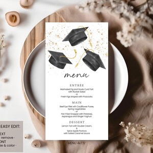 Graduation Party Menu Card Template | Black & Gold Glitter, Confetti ...