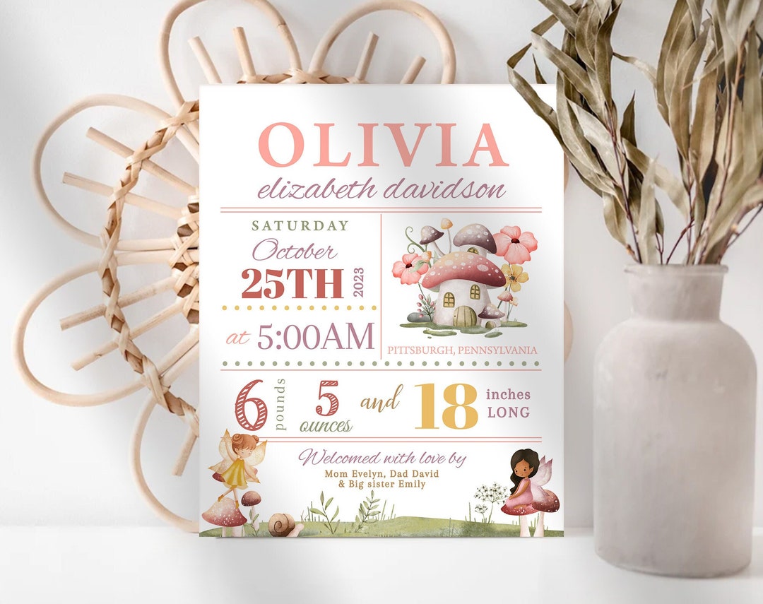 Girls Birth Stats Sign, Birth Announcement Poster | Fairy Garden ...